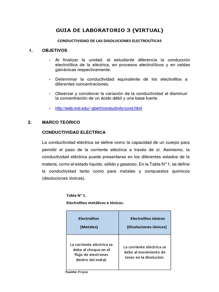 Guia de Laboratorio 4 Conductividad de Las Disoluciones Electrolíticas Final | Descargar gratis ...