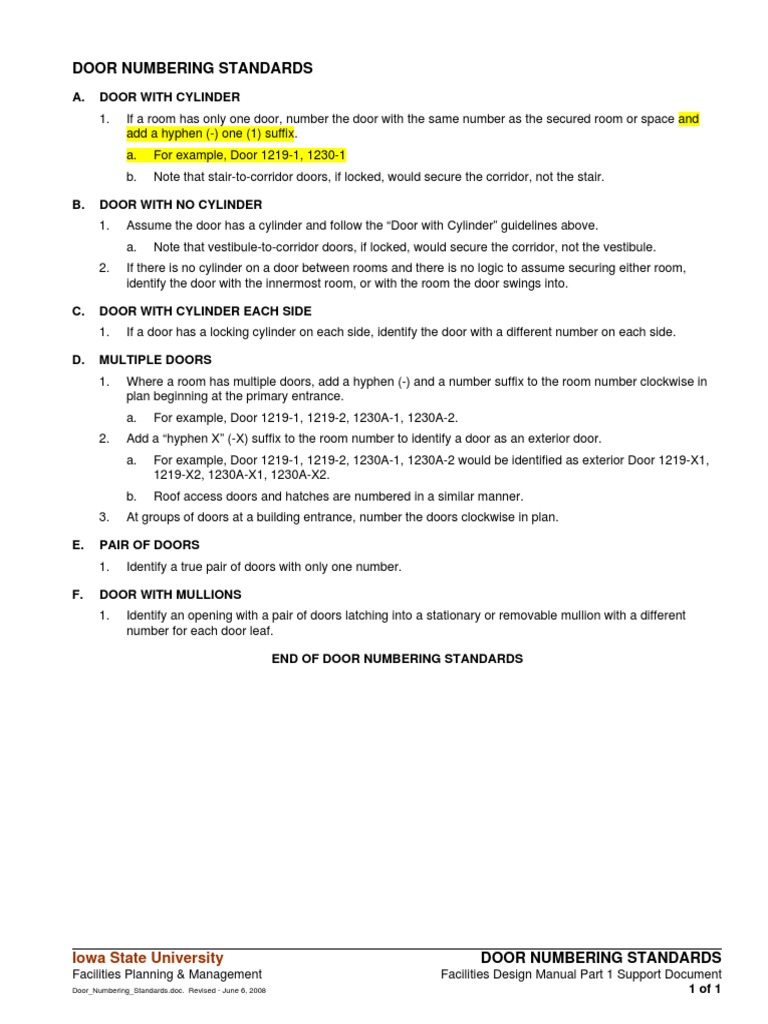 Door Numbering Standards: A. Door With Cylinder | PDF