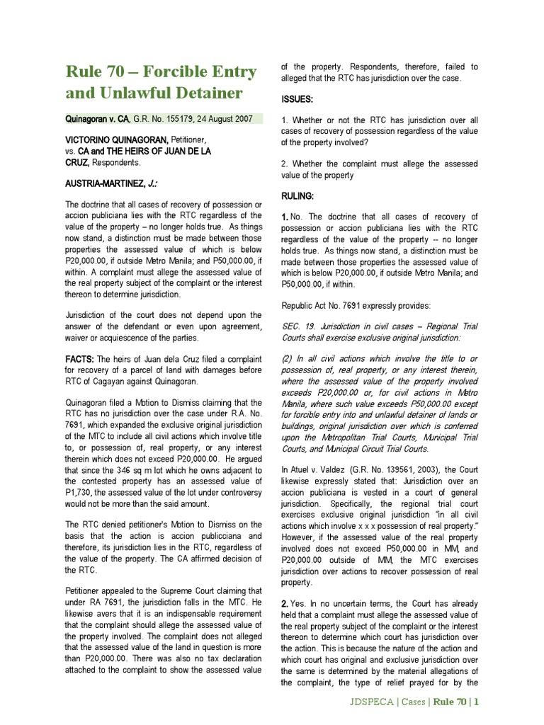Rule 70: Forcible Entry Jurisdiction | PDF | Complaint | Will And Testament