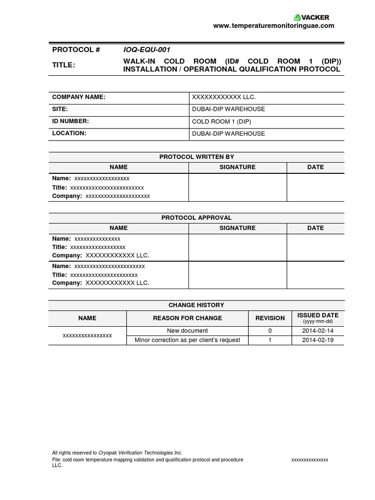 Protocol # Title: Walk-In Cold Room (Id# Cold Room 1 (Dip ...