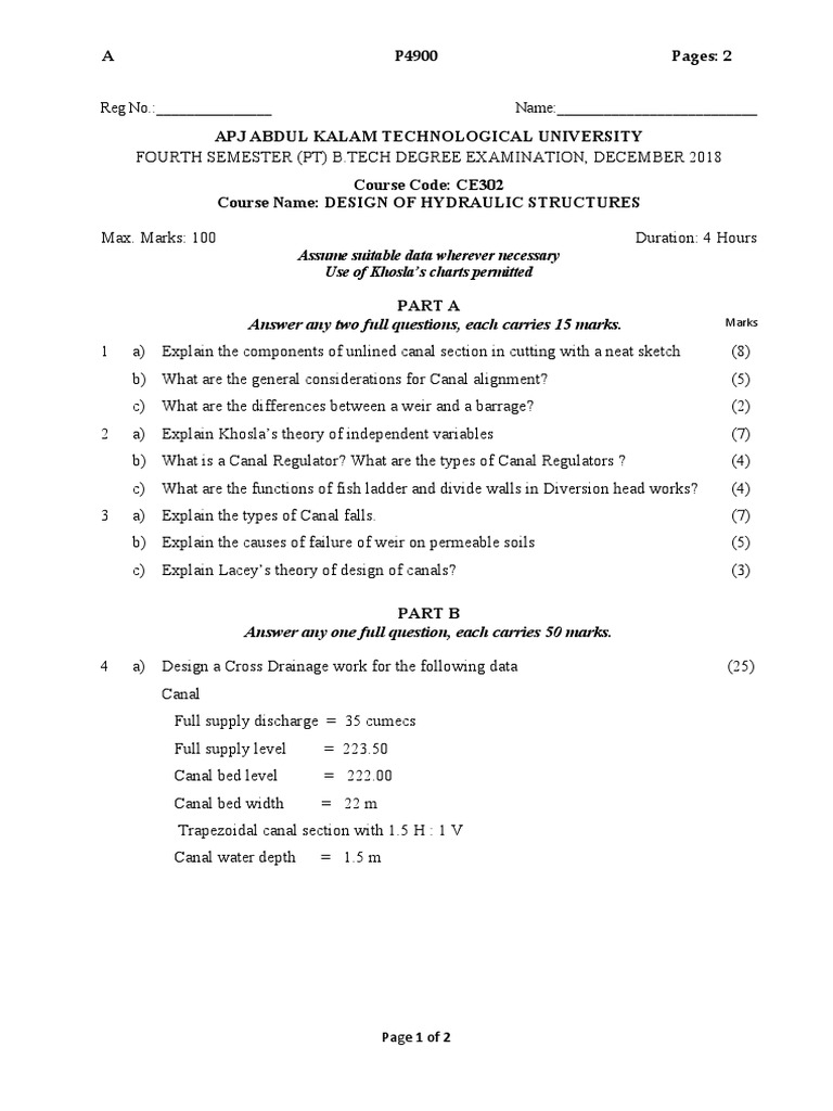 Answer Any Two Full Questions, Each Carries 15 Marks.: Reg No.: - Name | PDF | Spillway | Dam