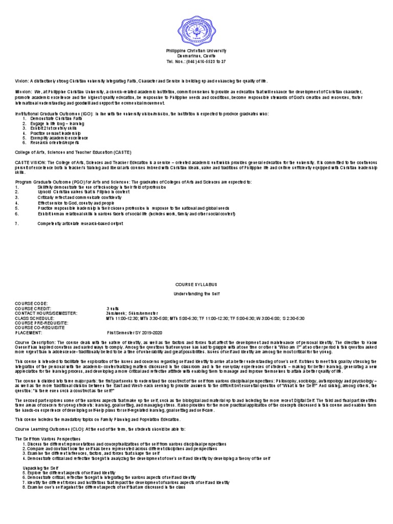 Understanding The Self Course Syllabus | PDF | Self | Identity (Social ...