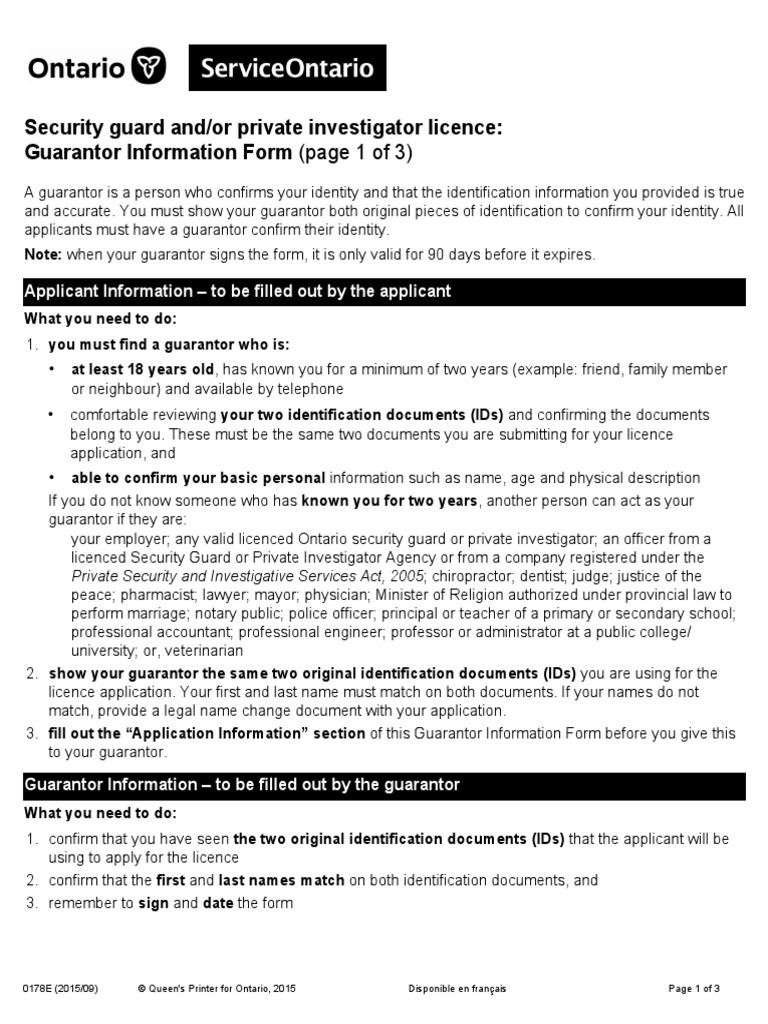 Security Guard And/or Private Investigator Licence: Guarantor ...