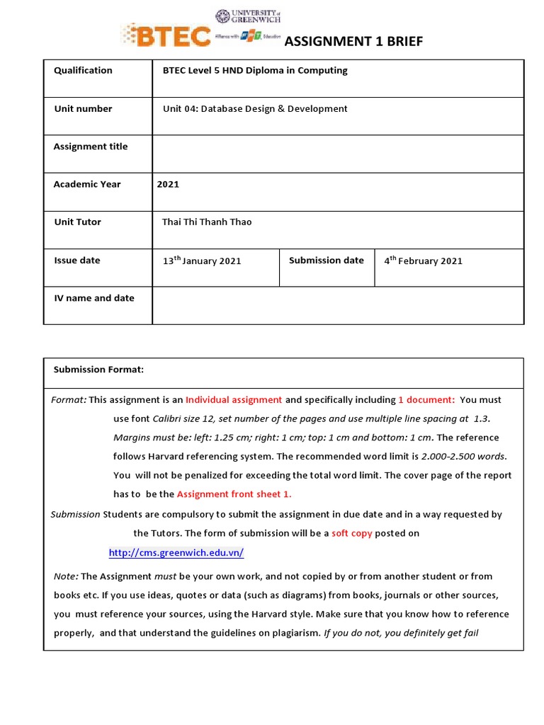 Assignment 1 Brief: Qualification BTEC Level 5 HND Diploma in Computing | PDF | Relational Model ...