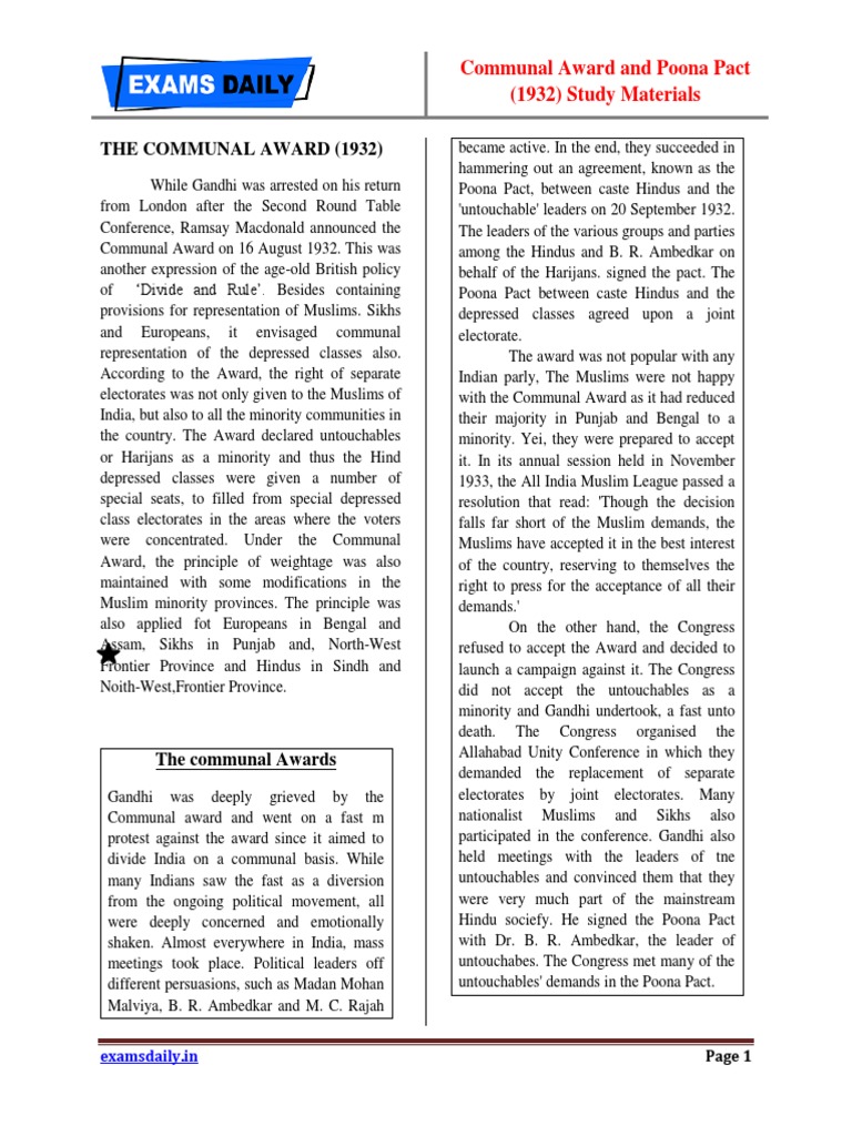 Communal Award and Poona Pact 1932 Study Materials | PDF | Politics Of ...