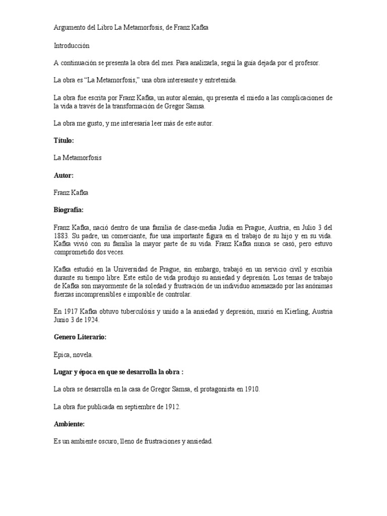 Argumento Del Libro La Metamorfosis | PDF | Franz Kafka | La metamorfosis