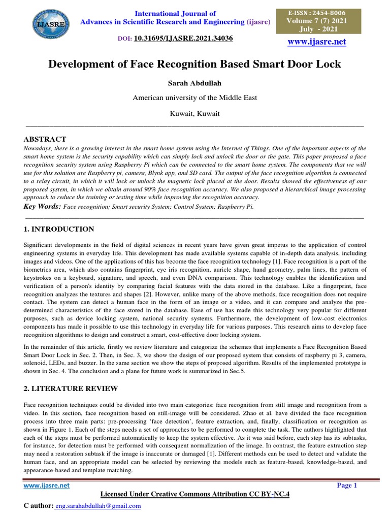 Development of Face Recognition Based Smart Door Lock | PDF ...