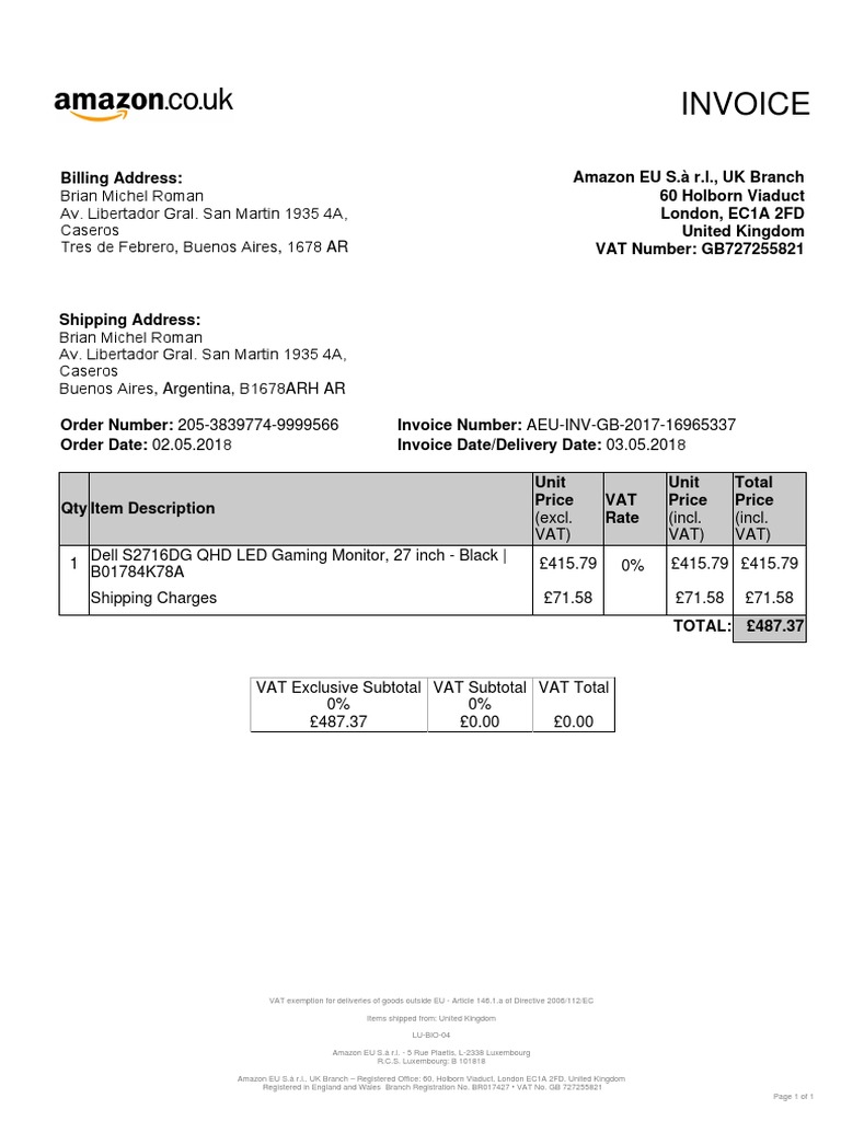 Invoice: Rian Michel Roman v. Libertador Gral. San Martin 1935 4A ...