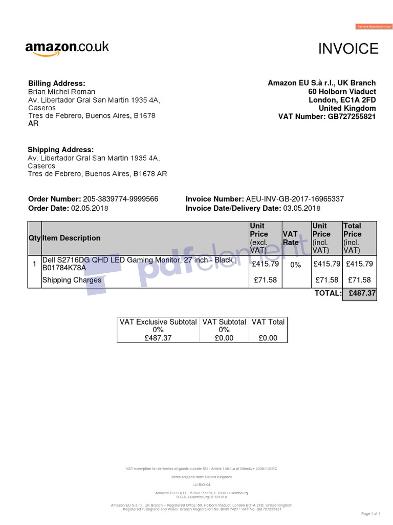 Invoice for Dell Monitor Shipped to Argentina | PDF | Value Added Tax ...