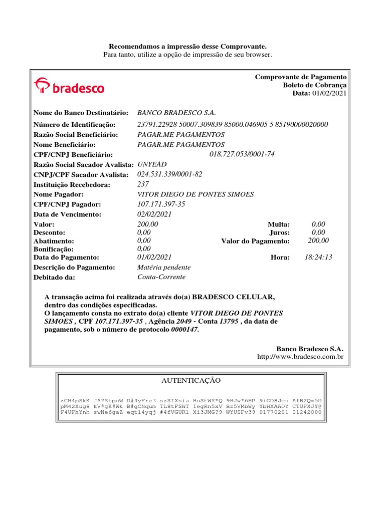 Comprovante de Pagamento Bradesco | PDF