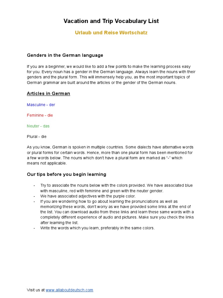 All About Deutsch Urlaub Und Reise Vocab List | PDF