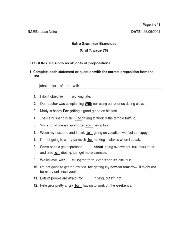 Extra Grammar Exercises Unit 7 Page 79 With For For Pdf