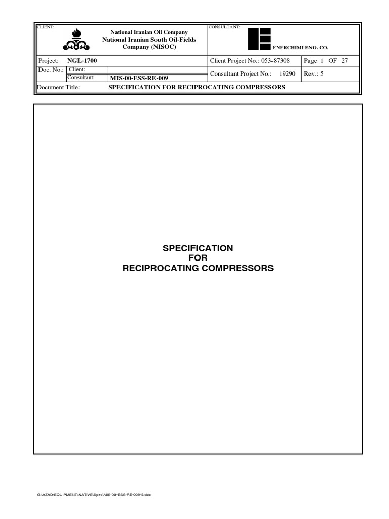 Specification FOR Reciprocating Compressors: National Iranian South Oil ...