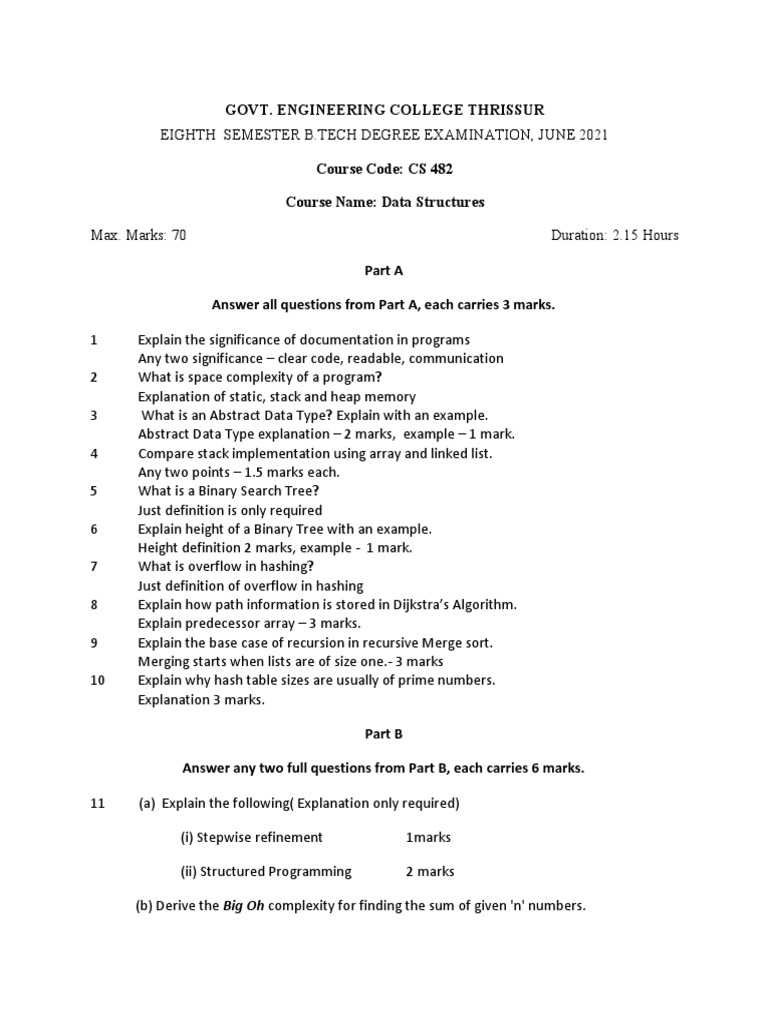 Data Structures Exam Questions Covering Documentation Abstract Data Types Trees Graphs