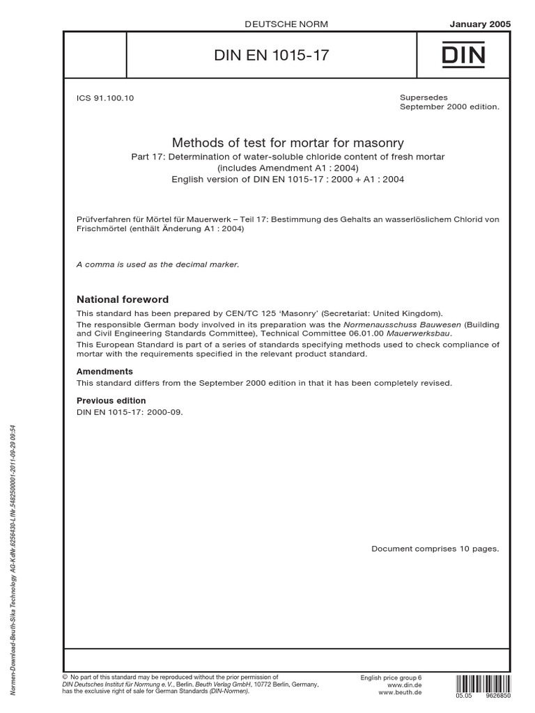 DIN EN 1015-17: Methods of Test For Mortar For Masonry | PDF ...