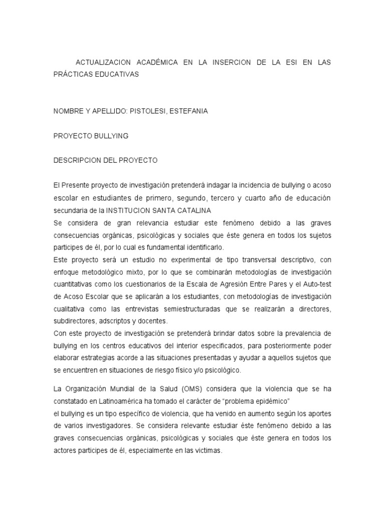 Proyecto de Investigación sobre Bullying Escolar | PDF | Comportamiento ...