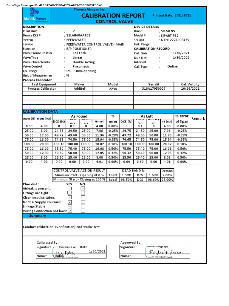 Calibration Report: Control Valve | PDF | Calibration | Equipment