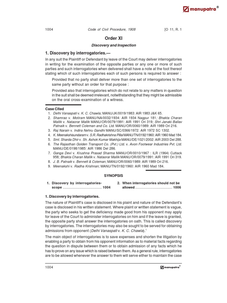 Discovery by Interrogatories.-: Order XI | PDF | Interrogatories ...