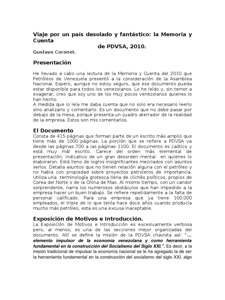 Analisis Memoria y Cuenta de PDVSA (2010) - Gustavo Coronel | PDF ...