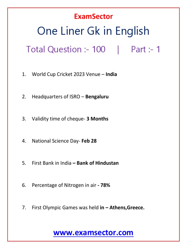 One Liner GK in English Part - 1 | PDF