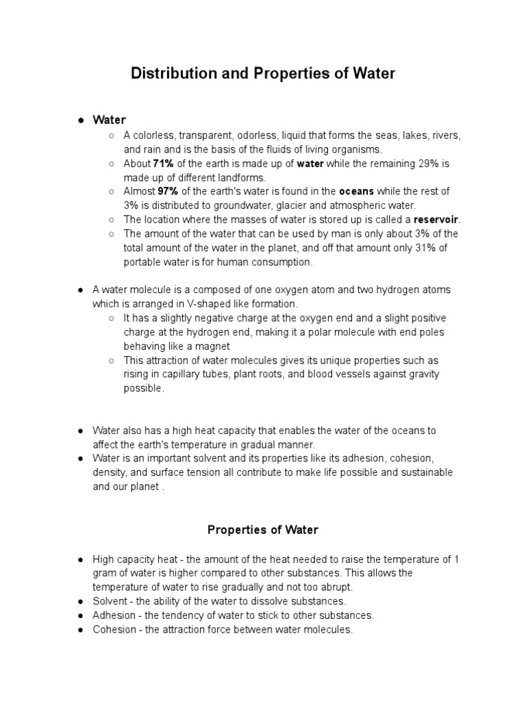 Water Distribution and Properties Explained | PDF