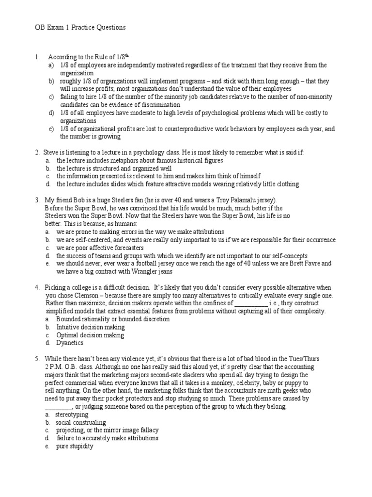 OB Exam 1 Practice Questions | PDF | Rationality | Decision Making