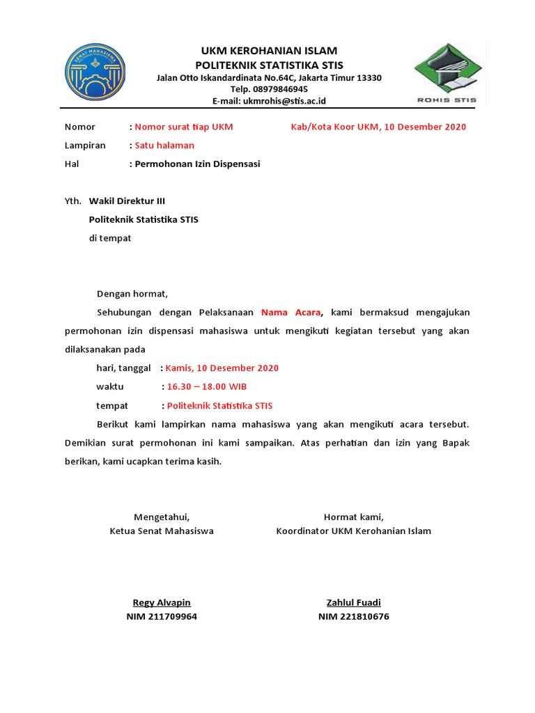(ROHIS) Format Surat Dispensasi | PDF
