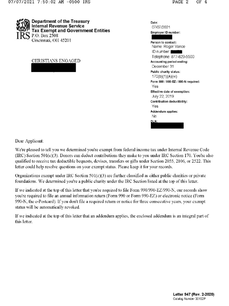 IRS Letter Granting Tax-Exempt Status To Christians Engaged | PDF
