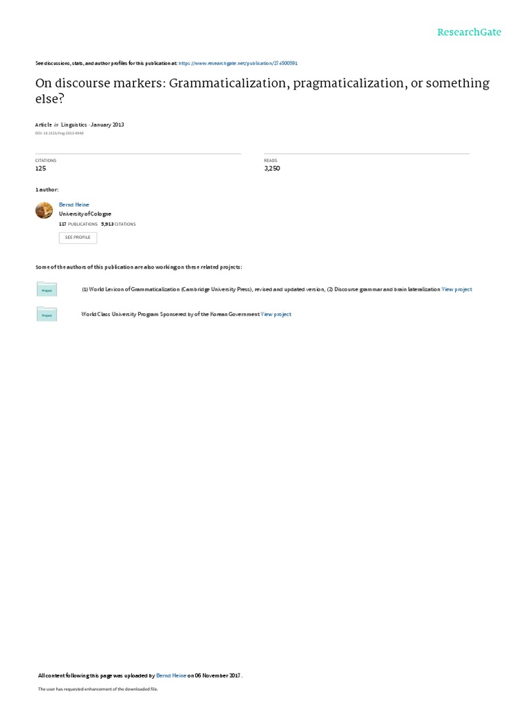 On Discourse Markers: Grammaticalization, Pragmaticalization, or Something Else? | PDF ...