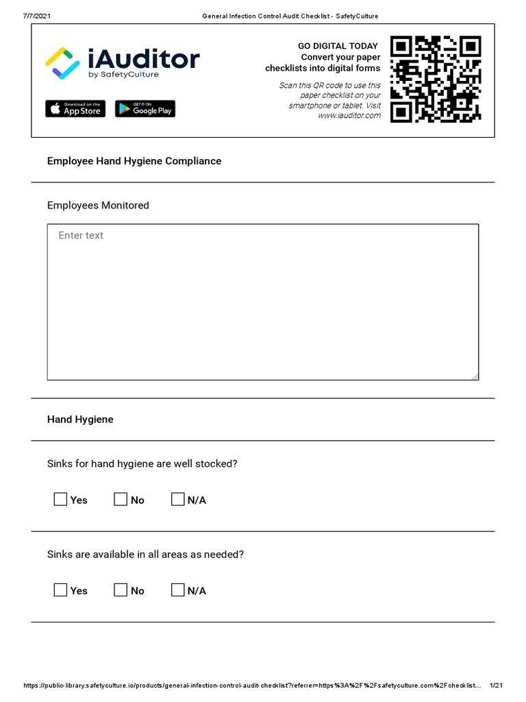 General Infection Control Audit Checklist | PDF | Hygiene | Hand Washing