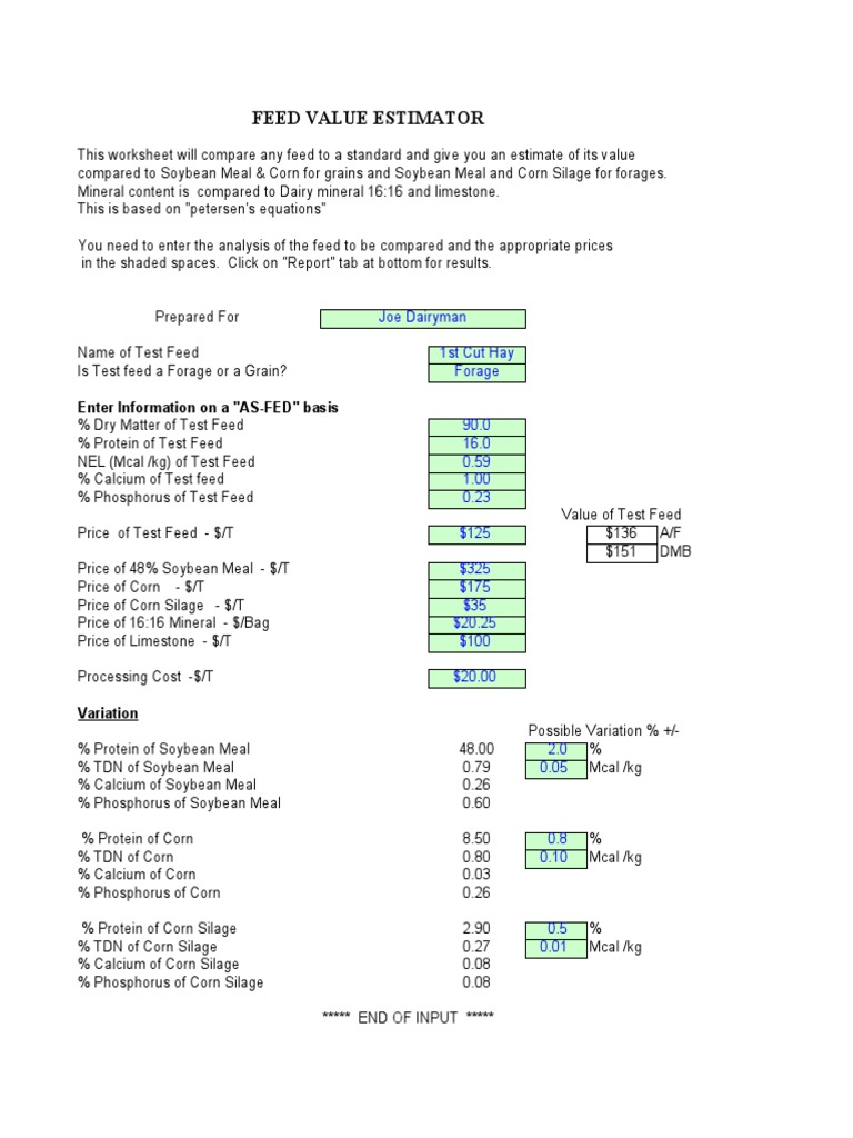 Feed Value Estimator: Analysis and Comparative Value Assessment of 1st ...