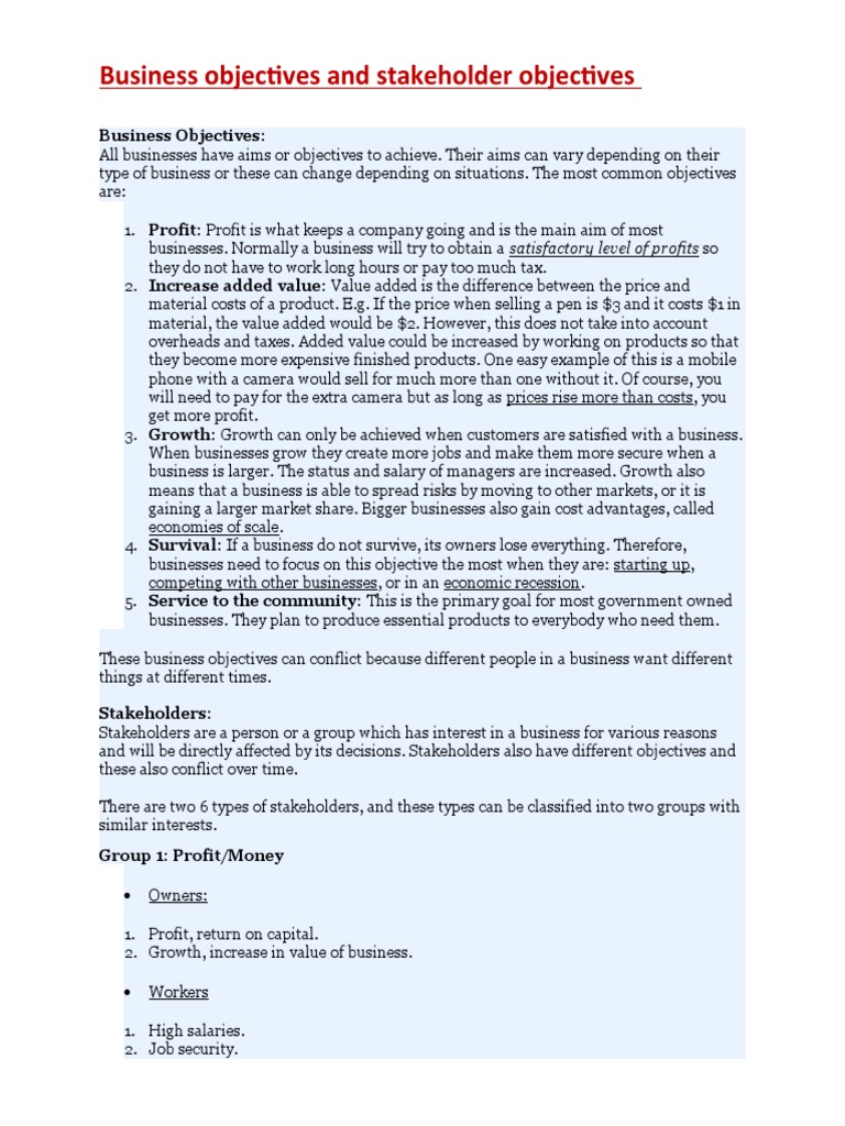 Business Objectives and Stakeholder Objectives | Download Free PDF ...