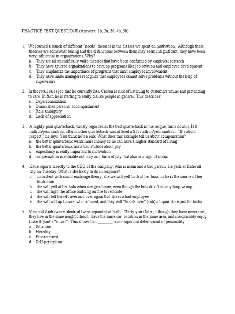 Organizational Behavior Exam 2 Practice Questions | PDF | Motivation ...