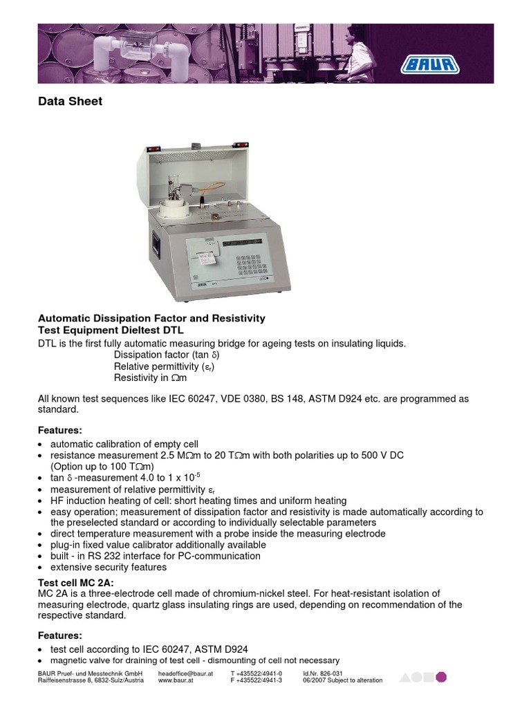Data Sheet: Automatic Dissipation Factor and Resistivity Test Equipment ...