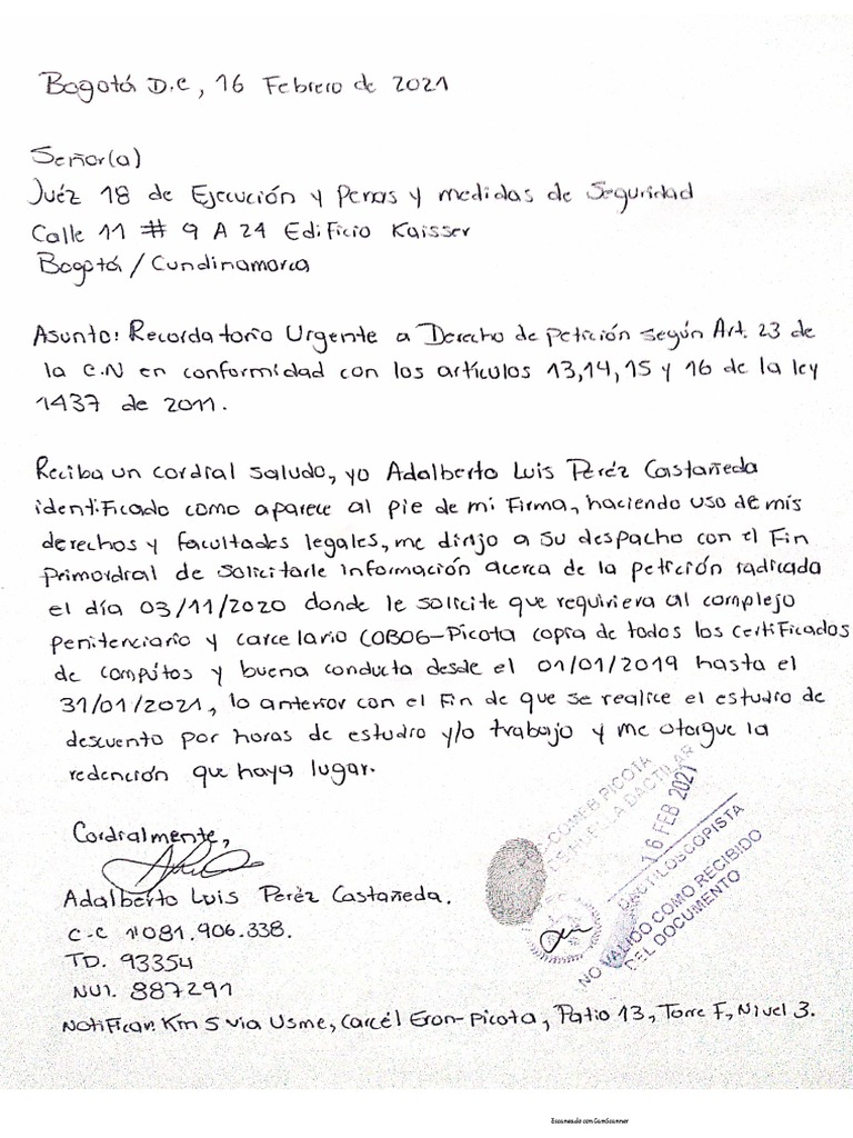 Derecho de Petición Redencion de Pena Adalberto Luis Perez | PDF Derecho de Petición Redencion de Pena Adalberto Luis Perez | PDF