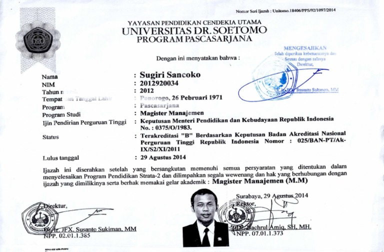 Ijazah Magister Manajemen Unitomo | PDF