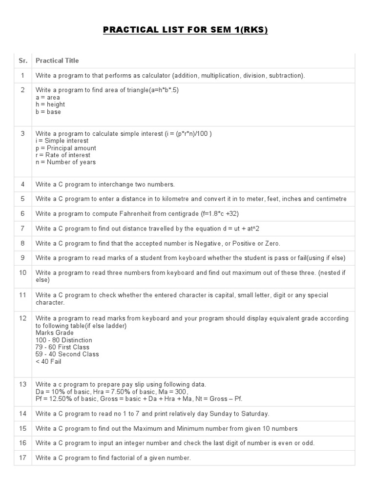 Practical List For Sem 1 (RKS) | PDF | C (Programming Language) | Pointer (Computer Programming)