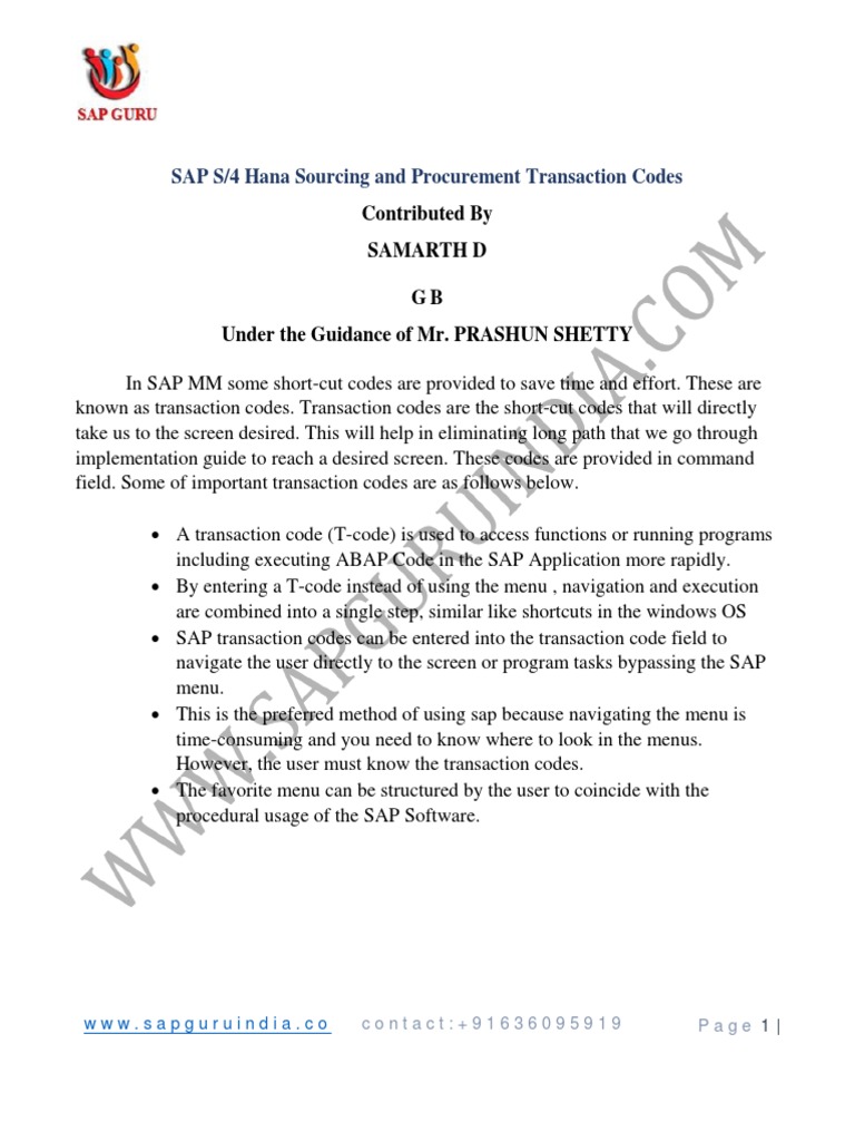 SAP S/4 Hana Sourcing and Procurement Transaction Codes | PDF ...