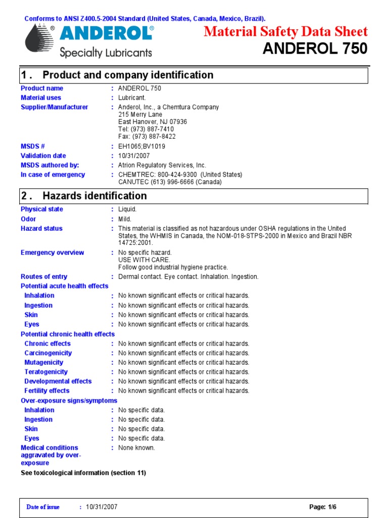 Anderol 750: Material Safety Data Sheet | PDF | Personal Protective Equipment | Dangerous Goods
