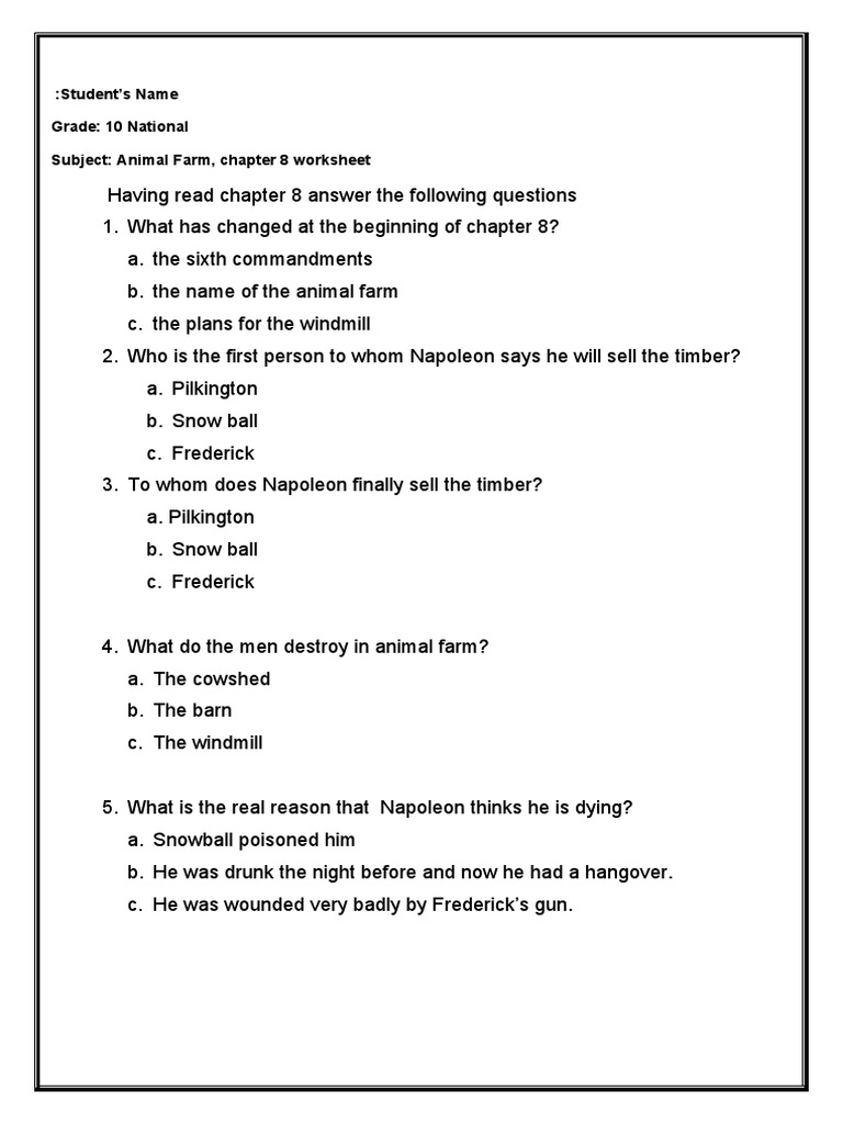 Chapter 8 Worksheet: Animal Farm | PDF