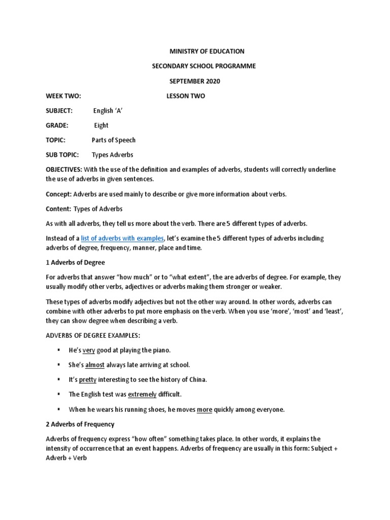 Grade 8 English Language Week 2 Lesson 2 | PDF | Adverb | Verb
