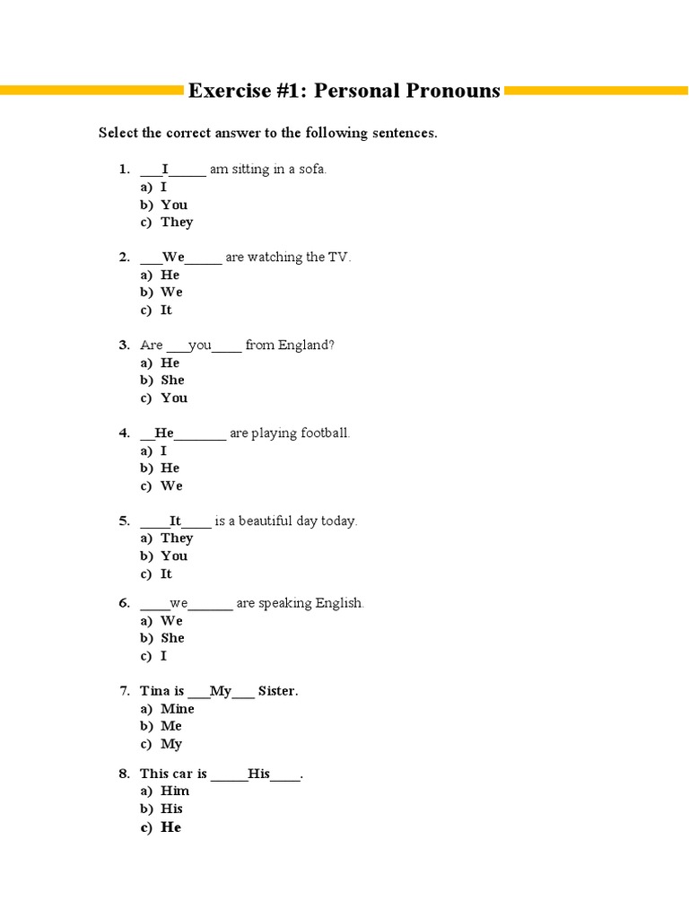 Exercise #1: Personal Pronouns: Select The Correct Answer To The ...