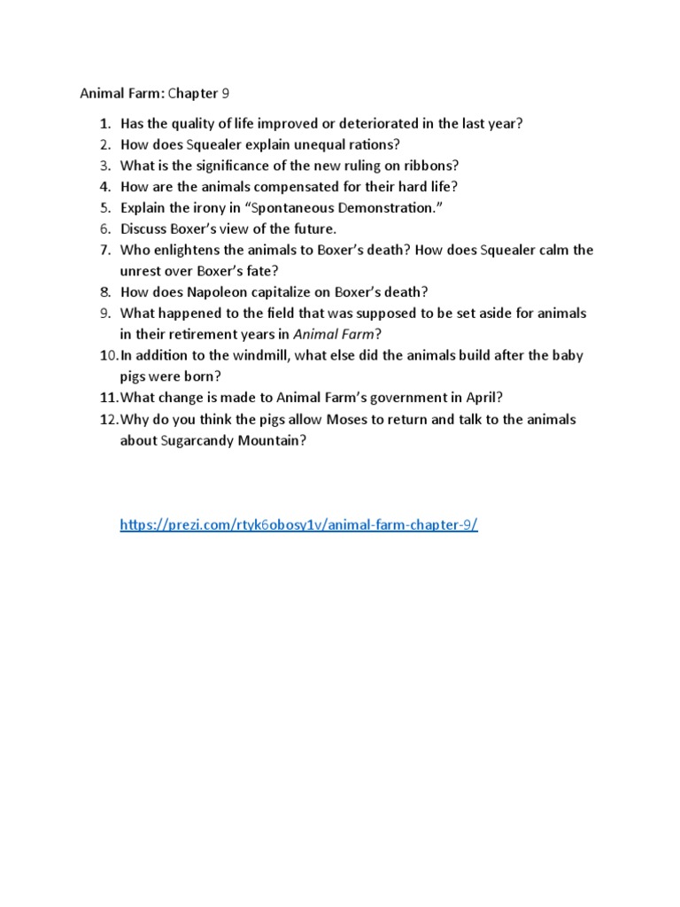 Animal Farm Chapter 9 Questions | PDF