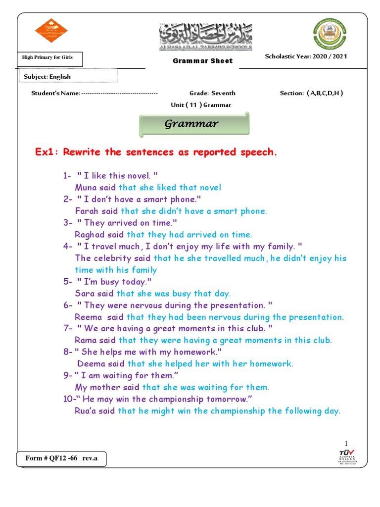 Grade 7 English Grammar Exercises | PDF