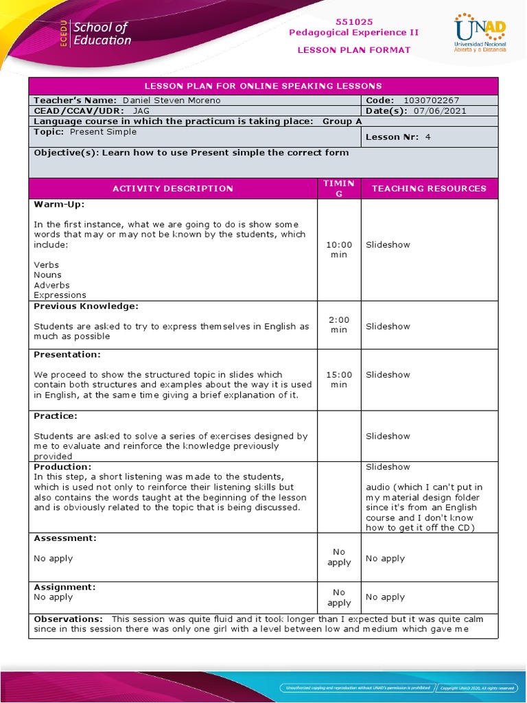 Lesson Plan For Online Speaking Lessons | PDF | Lesson Plan | English ...