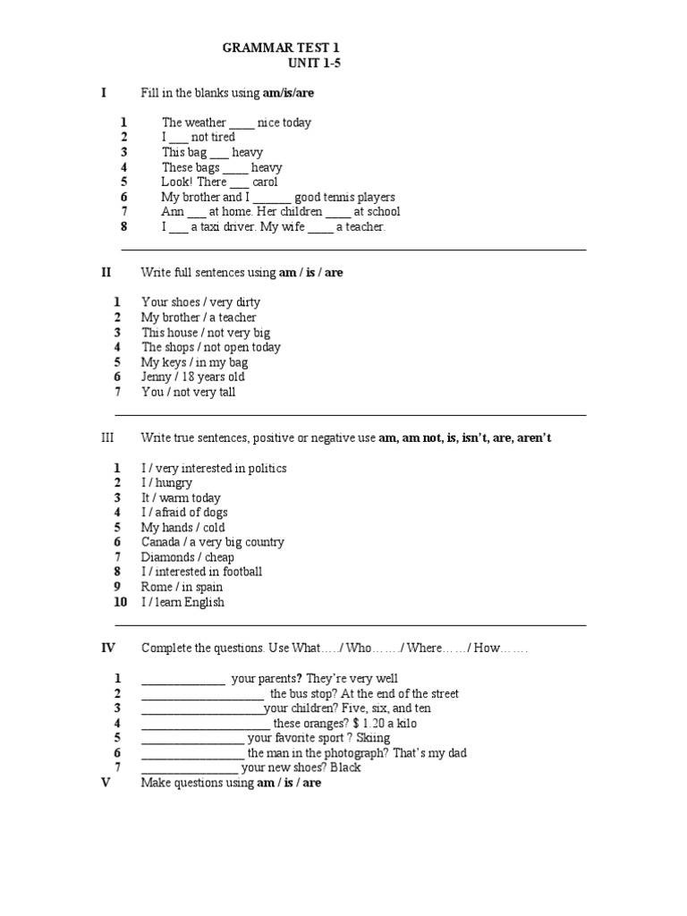 Grammar Test 1 UNIT 1-5 I 1 2 3 4 5 6 7 8 | PDF | Language Mechanics ...