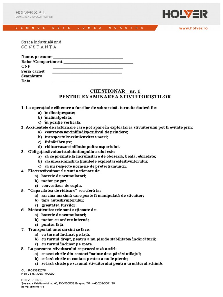 Chestionar Stivuitorist | PDF