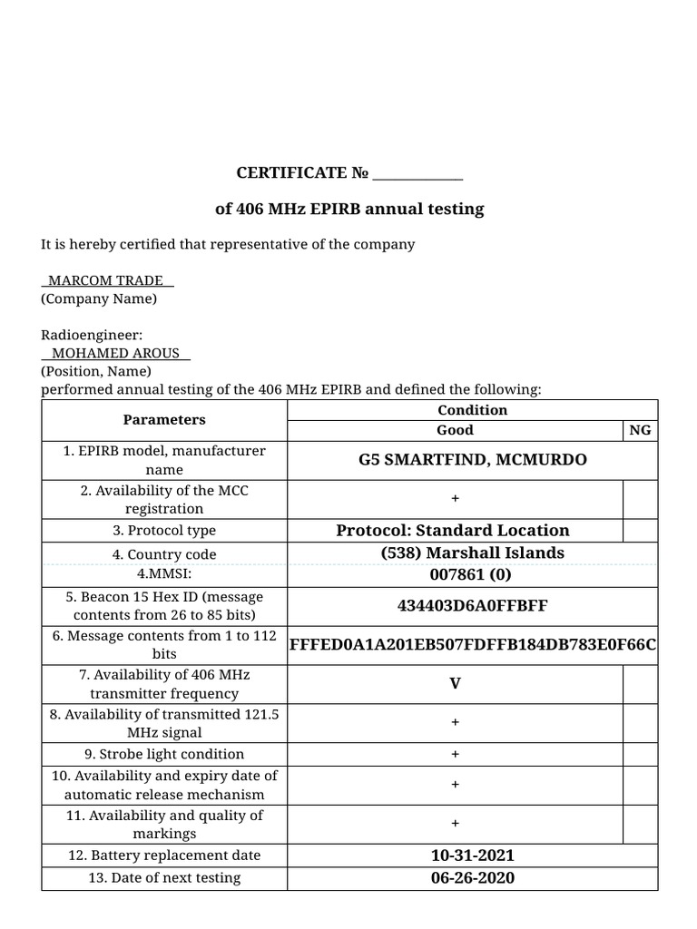 EPIRB Annual Testing Certificate | PDF | Electrical Engineering | Radio