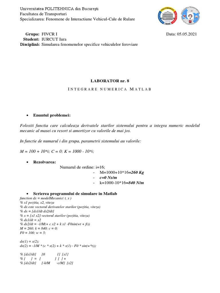 Laborator 8 Integrare Numerica Matlab | PDF
