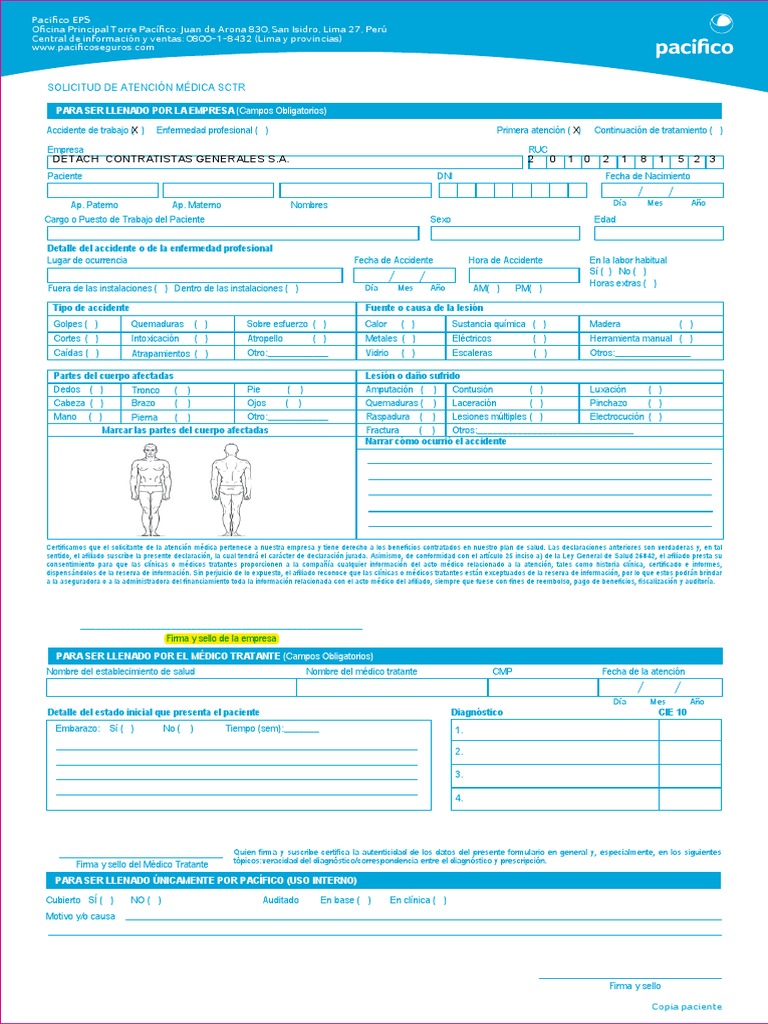 Hoja de Atencion SCTR Pacifico | PDF | Historial médico | Diagnostico medico